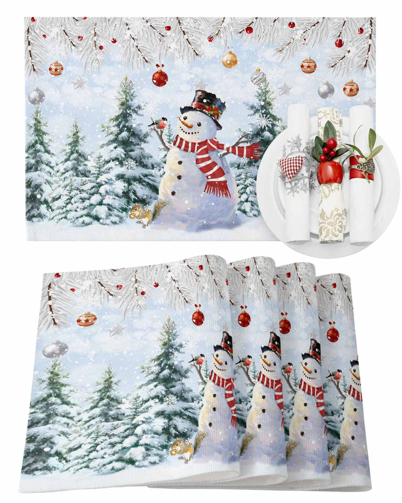 Christmas Placemats Set of 6, Snowman Christmas Balls Place Mats Pine ...