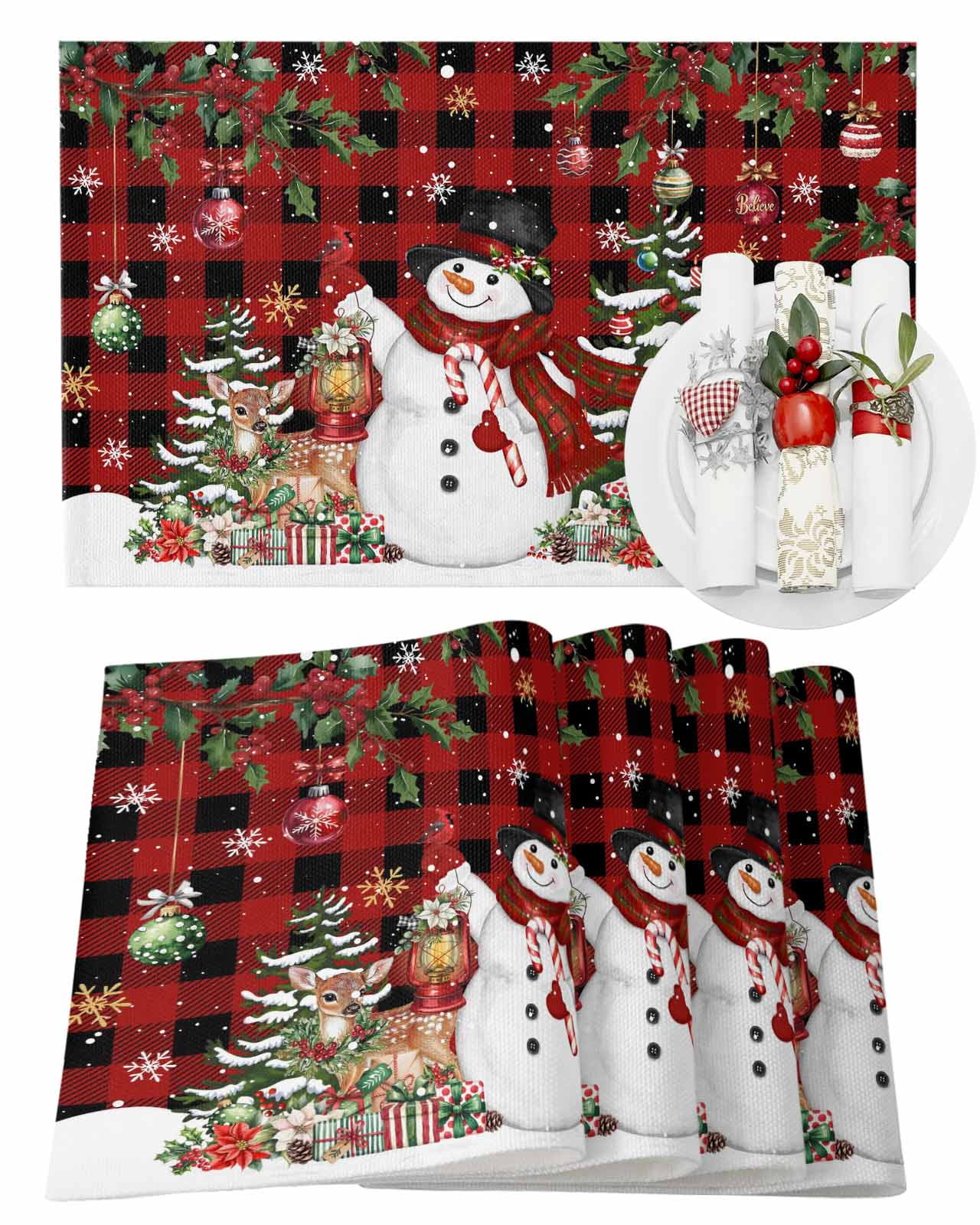 Christmas Placemats Set of 6, Snowman Deer Place Mats Berry Holly Xmas ...