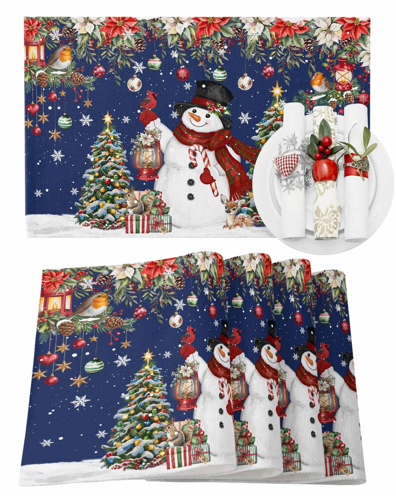 Christmas Placemats Set of 6, Snowman Pine Tree Place Mats Poinsettia ...