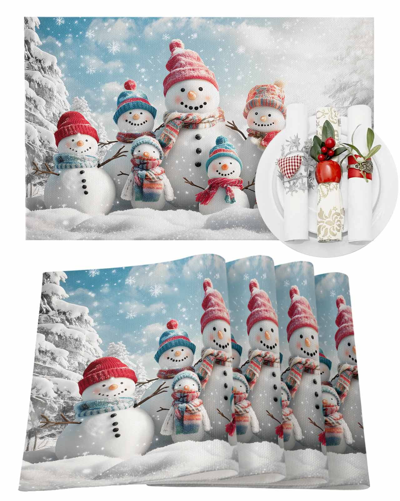 Christmas Placemats Set of 6, Snowman Snow Scenery Place Mats Pine ...