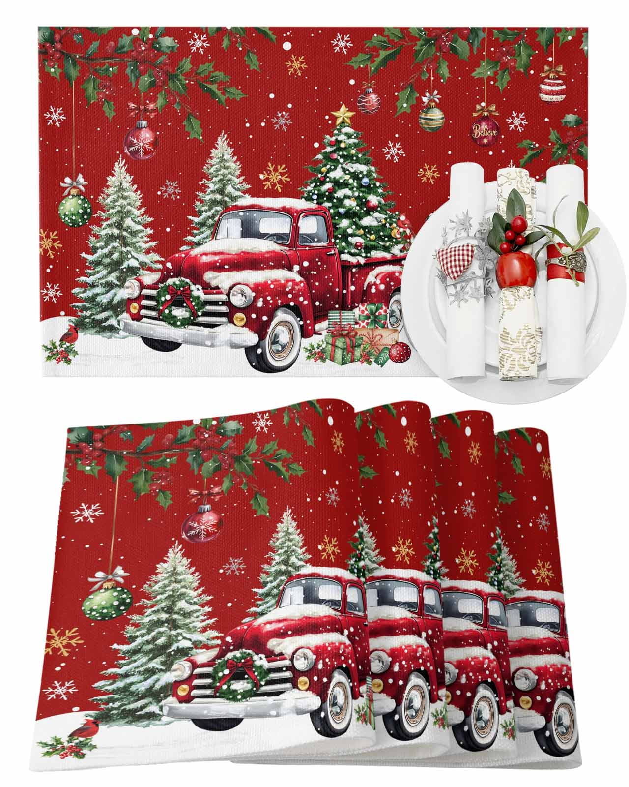 Christmas Placemats Set of 6, Snowman Truck Place Mats Berry Holly ...