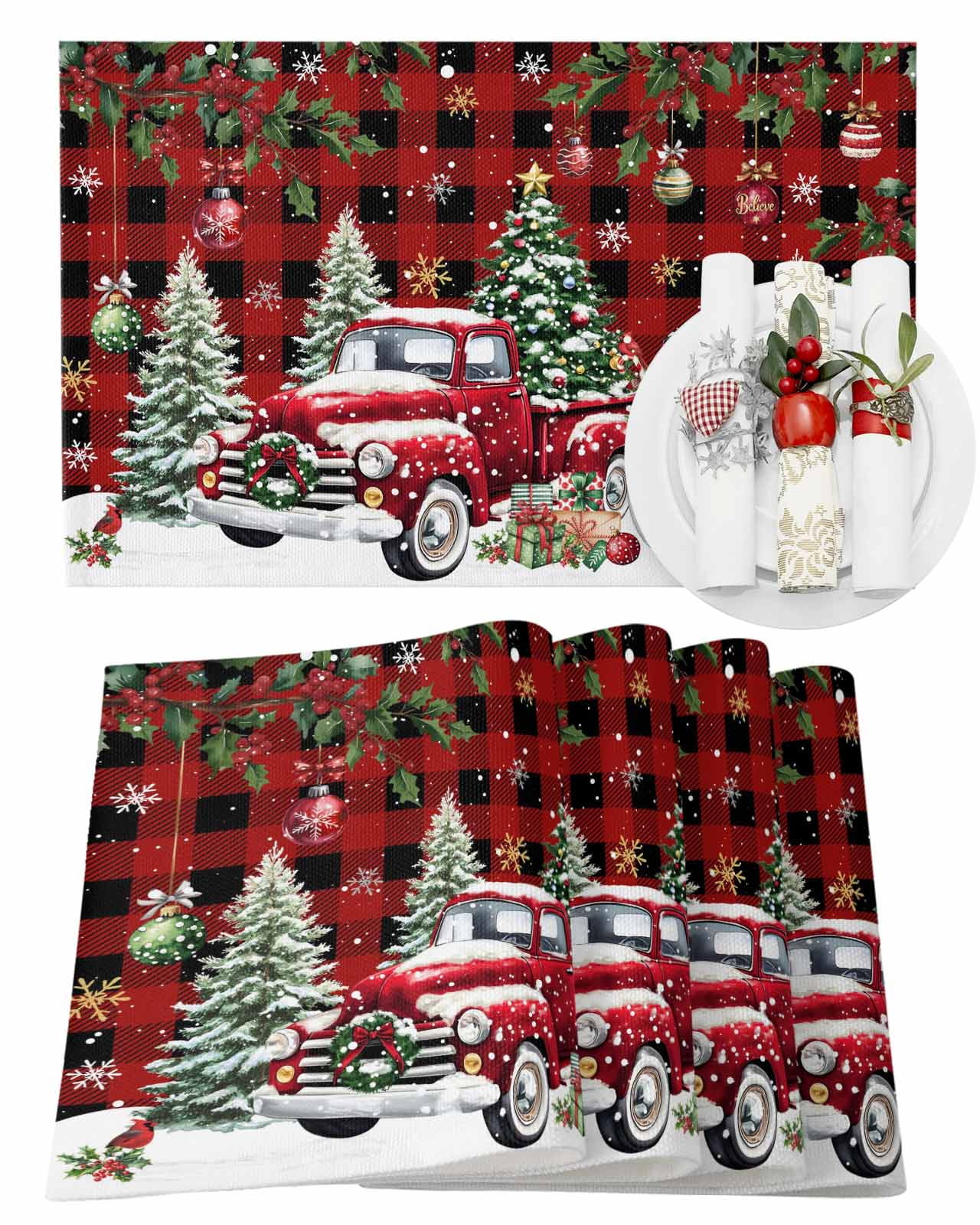 Christmas Placemats Set of 6, Snowman Truck Place Mats Berry Holly ...