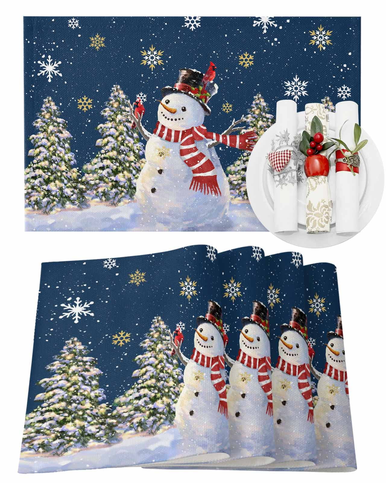Christmas Placemats Set of 6, Snowman Xmas Tree Place Mats Cardinal ...