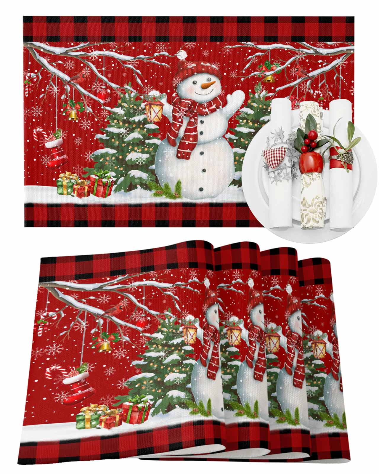 Christmas Placemats Set of 6, Snowman Xmas Tree Place Mats Gift Box ...