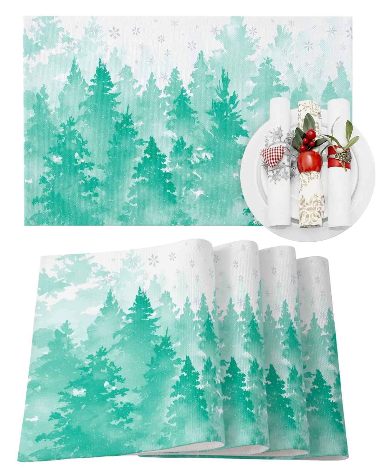 Christmas Placemats Set of 6, Turquoise Pine Tree Forest Place Mats ...