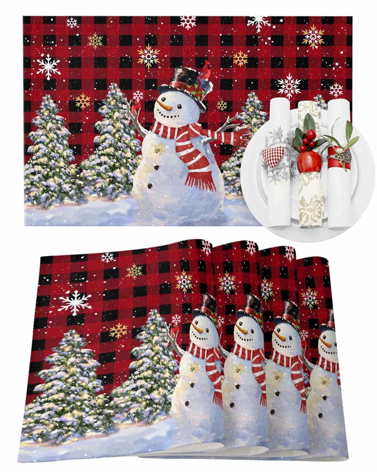 Christmas Placemats Set of 6, Xmas Tree Snowman Place Mats Red Buffalo ...