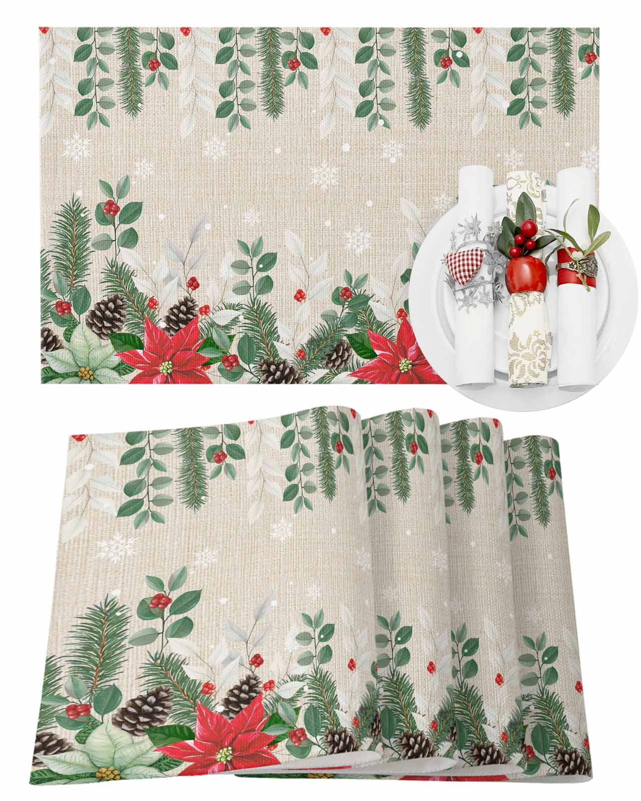 Christmas Placemats Set of 8 Poinsettia Snowflakes Linen Pine Cone Pine ...