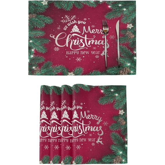Christmas Placemats Set of 6 Merry Christmas Happy New Year Red ...