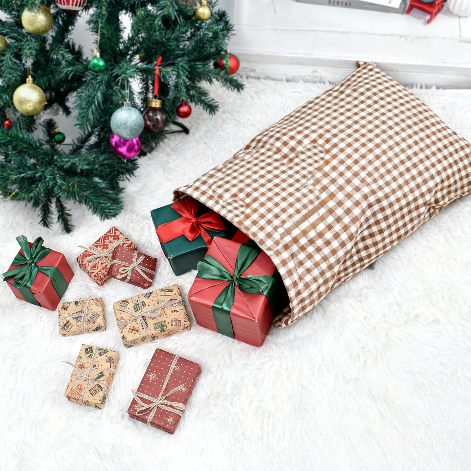 Christmas Plaid Drawstring Bag, Cotton Fabric, Easy Pull Closure ...