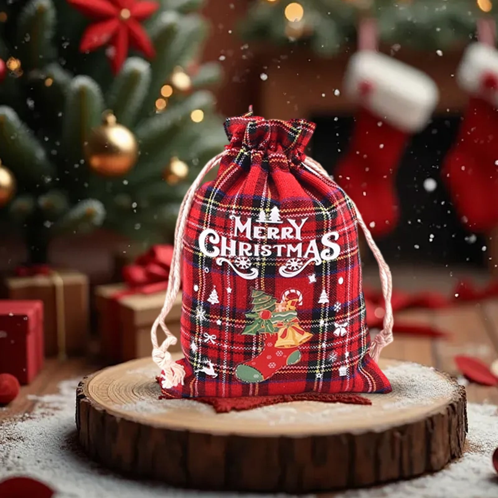 Christmas Plaid Drawstring Bag for Cookies and Candy, Reusable Cloth ...