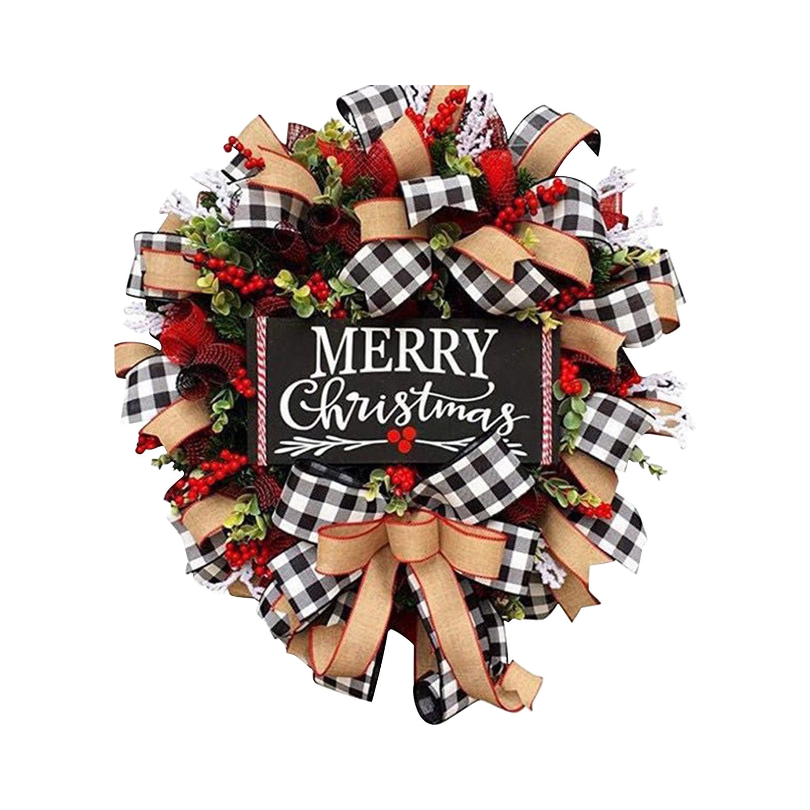 Christmas Plaid Garland For Decorating Front Door Wall With Bow And Red ...