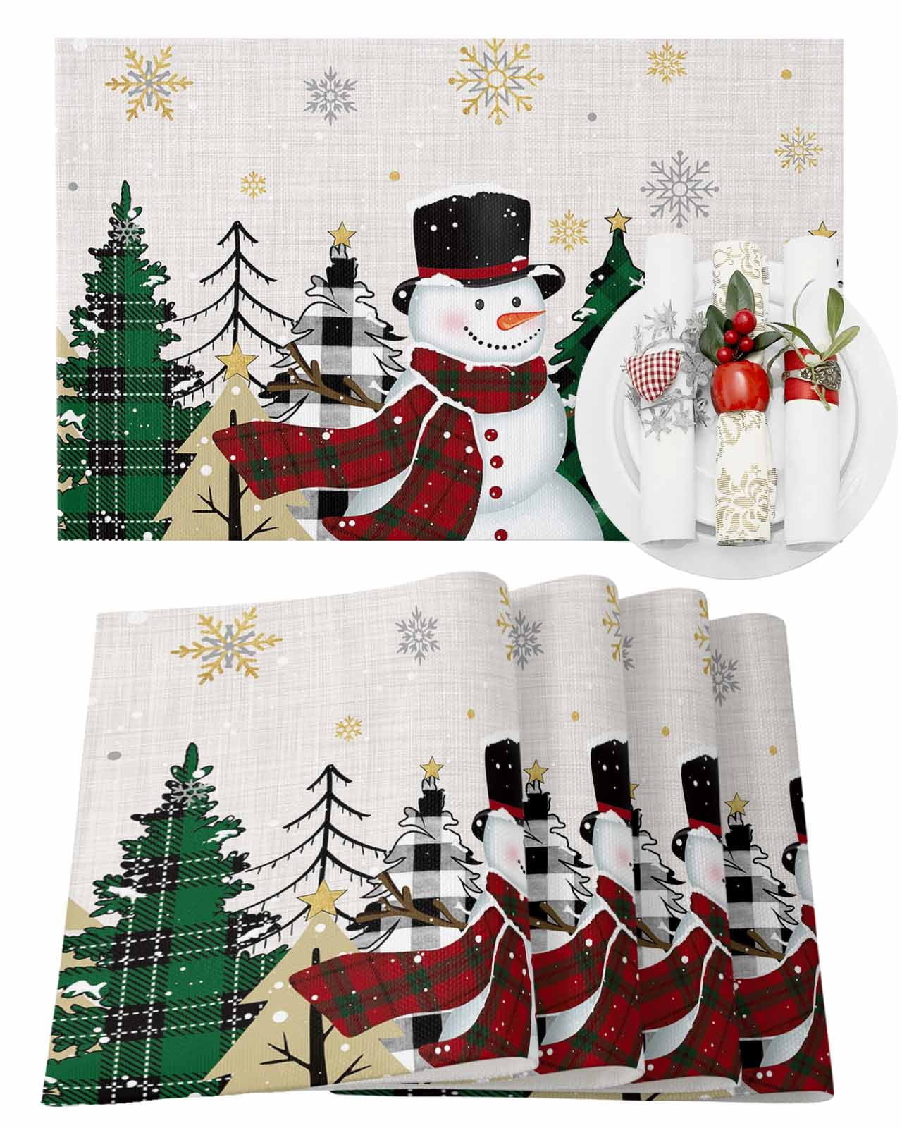 Christmas Plaid Placemats Set of 12 Snowman Gold Snowflake Heat ...