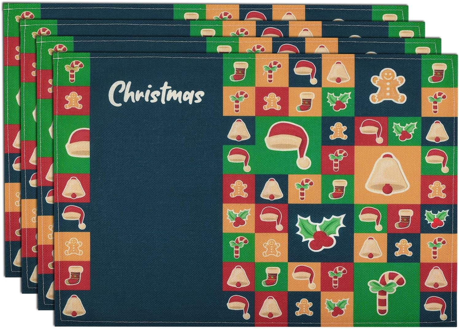 Christmas Plaid Placemats Set of 4, 12x18 Inch Linen Bells Candy Santa ...