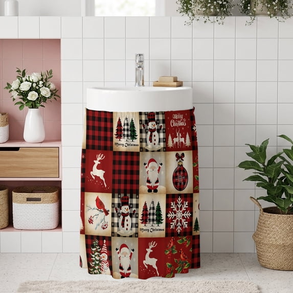 Christmas Plaid Small Cabinet Curtain 11''x13'', Xmas Tree Snowflake ...