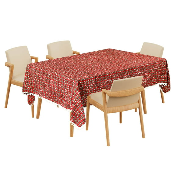 Christmas Plaid Tablecloth with Pom-Poms - Red/Green Fabric Table Cover ...