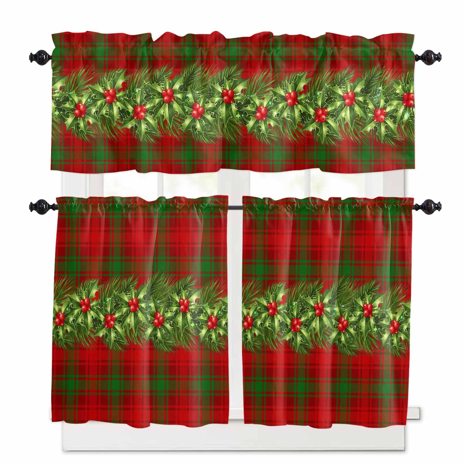 Christmas Plant Kitchen Curtains Valances and Tiers Set of 3 Green Red ...