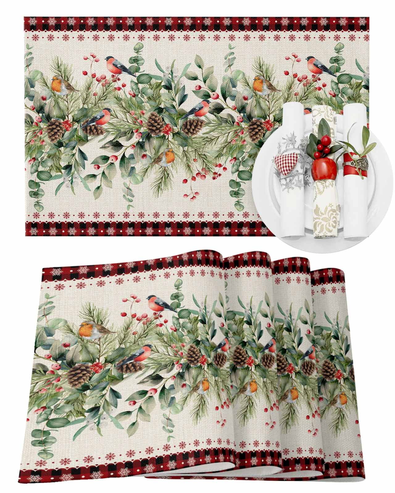 Christmas Plants Placemats Set of 12 Winter Eucalyptus Leaves Bird Geek ...