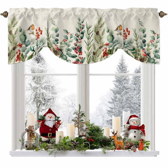 Christmas Plants Tie Up Valances Curtain, Winter Eucalyptus Leaves Bird ...