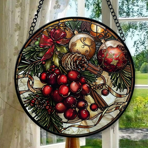 Christmas Plum Hanging Stained Glass for Windows, Holiday Tree Ornament ...