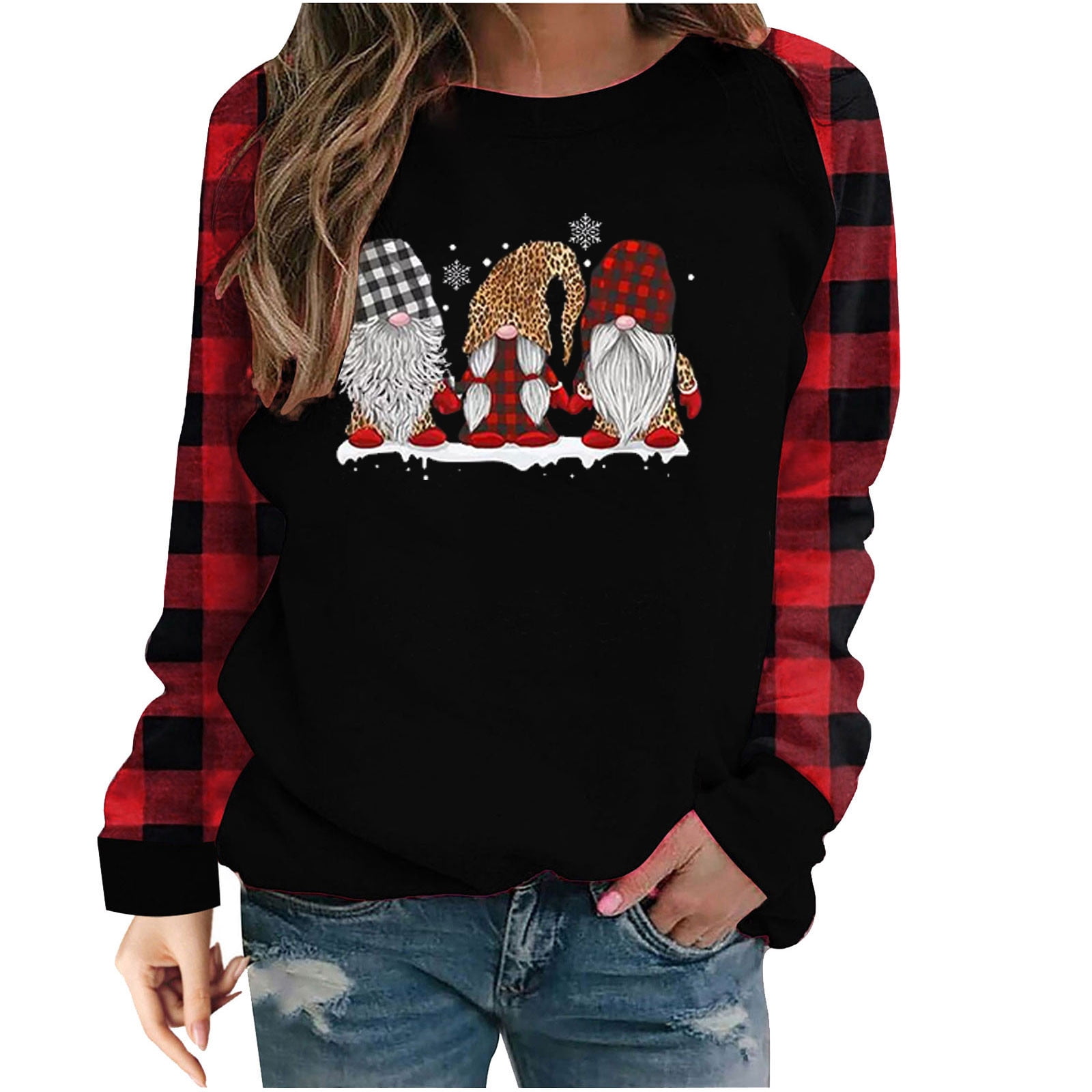 Christmas Plus Size Shirts for Women Xmas Gnome Print Long Sleeve Plaid ...