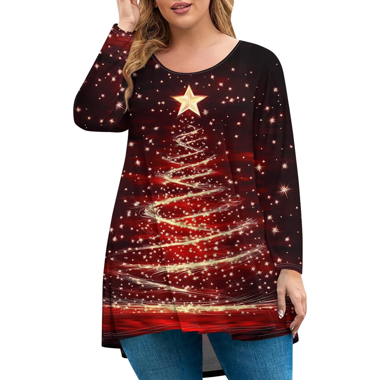 Christmas Plus Size T Shirts for Women Loose Cute Tees V Neck Long ...