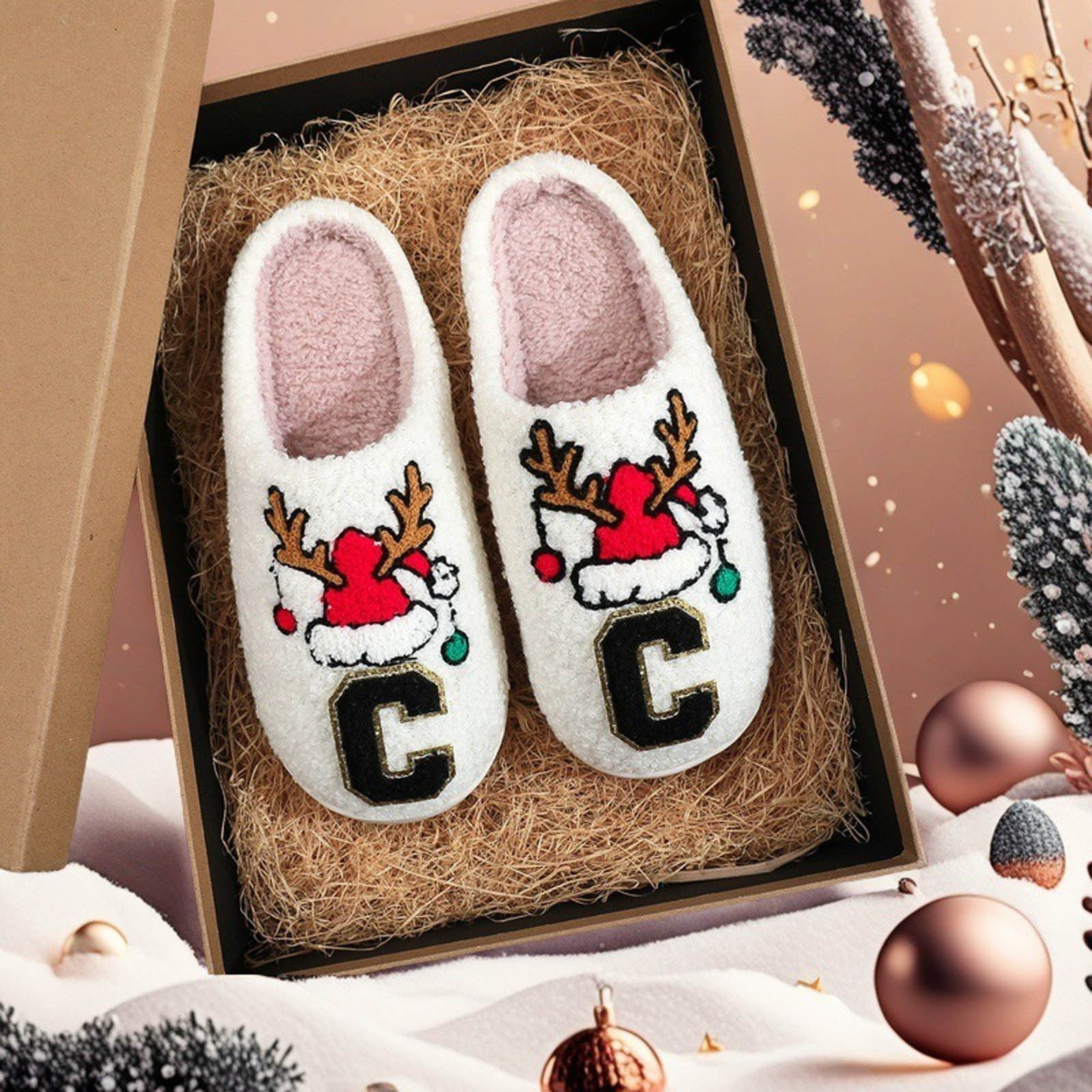 Christmas Plush Slippers Initial Letter Embroidery Half Wraped Winter ...
