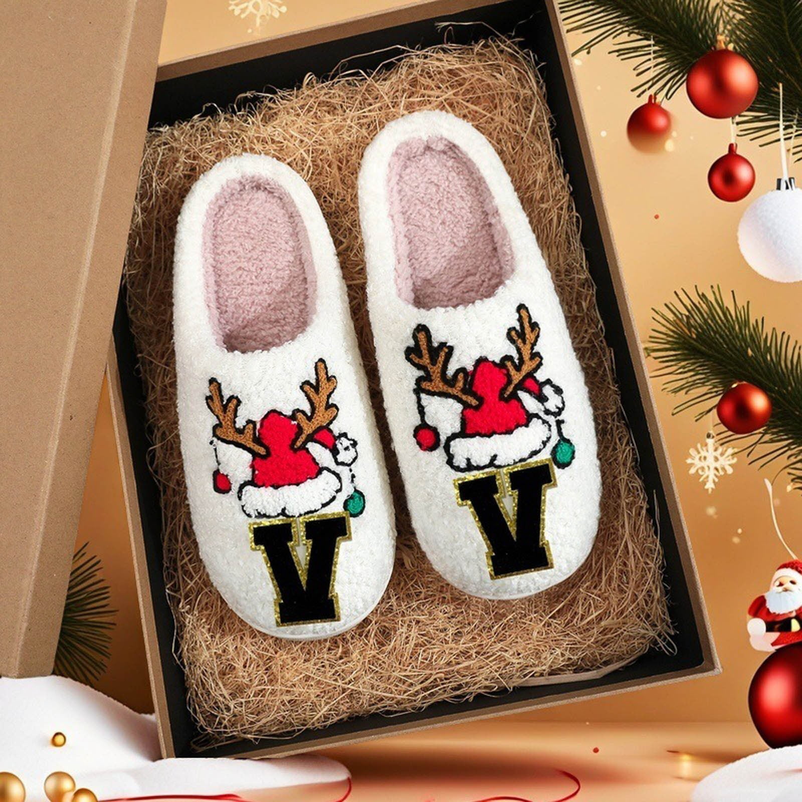 Christmas Plush Slippers Initial Letter Embroidery Half Wraped Winter Warm Adult's House ...