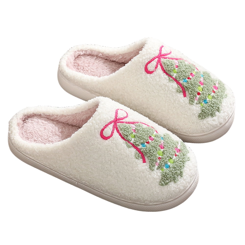 Christmas Plush Slippers Tree Bow Pattern Slippers, Slip-On Warm House ...