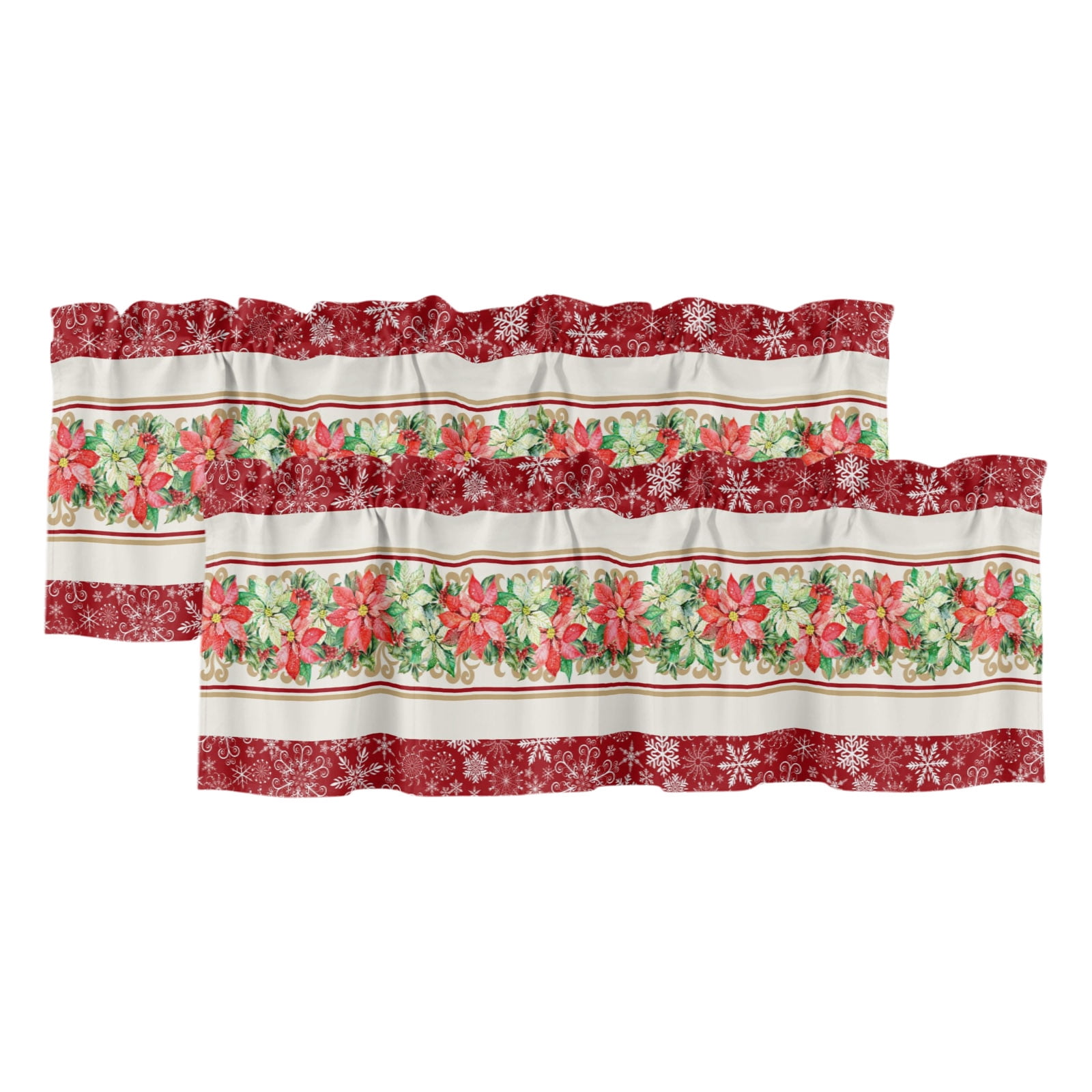Christmas Poinsettia 2 Panels Kitchen Valance, Xmas Red Green Flower ...