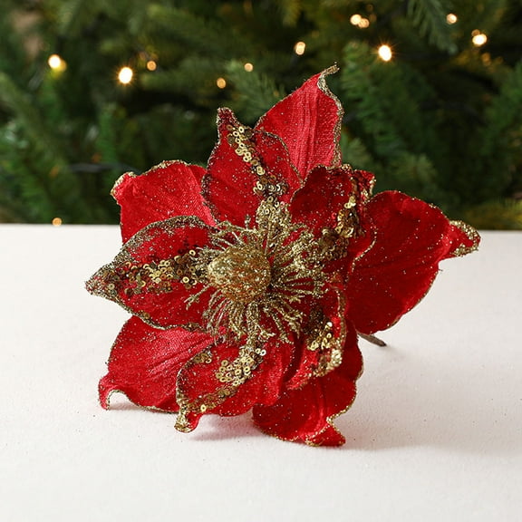 Artificial Christmas Poinsettia Flowers, Glitter Artificial Flower ...