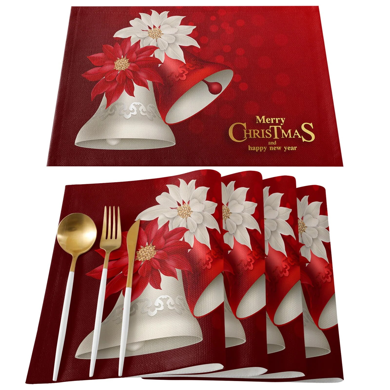 Christmas Poinsettia Bells Table Mat Holiday Kitchen Dining Table Decor ...