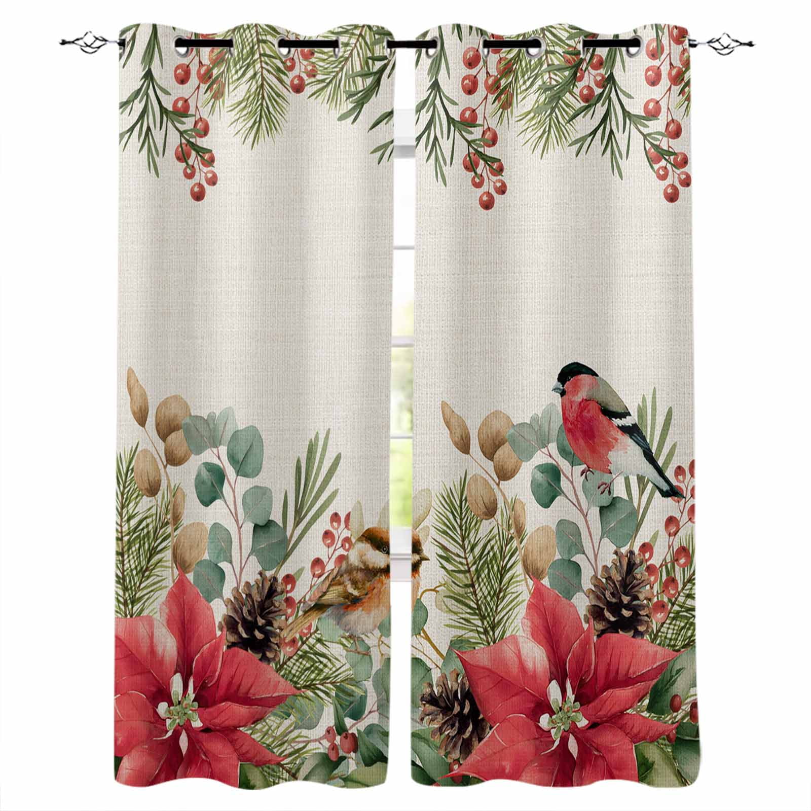 Christmas Poinsettia Blackout Curtains 63 Inches Long, Xmas Birds ...