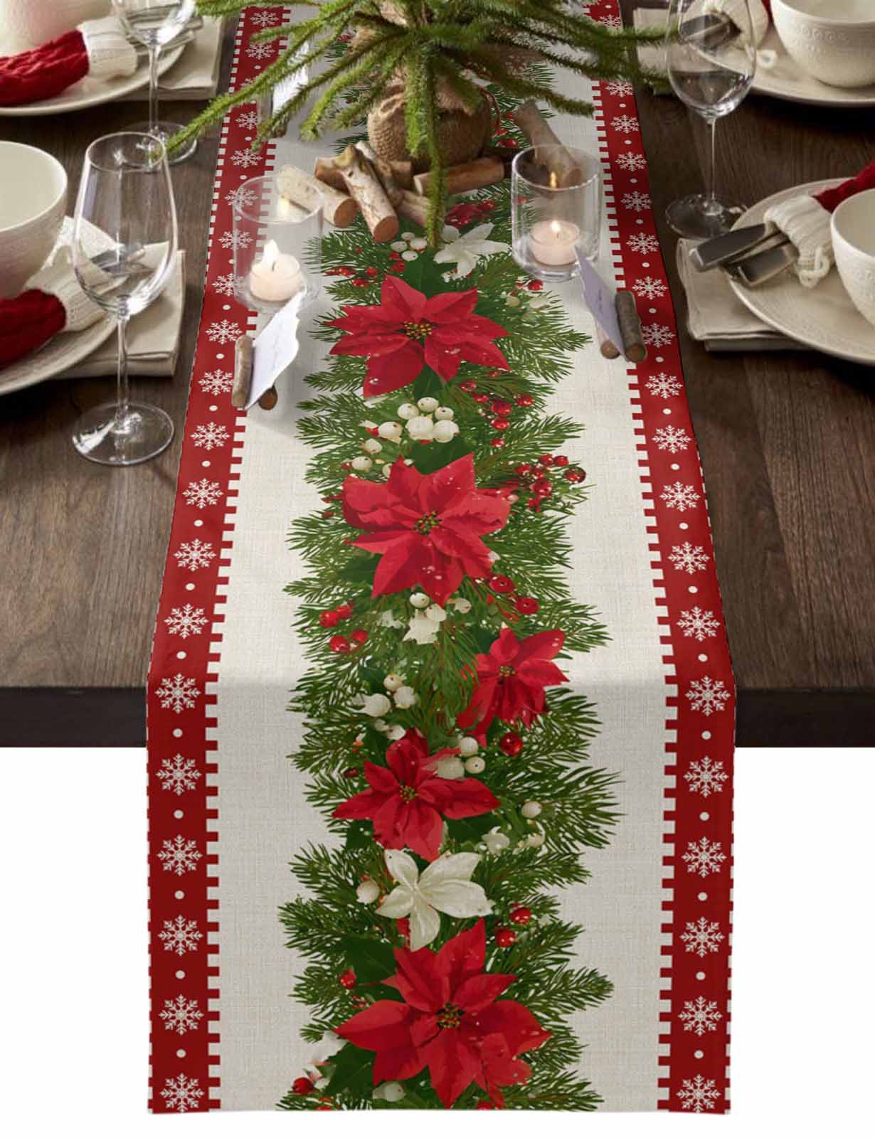 Christmas Poinsettia Cotton Linen Table Runner for Dining Kitchen, Red ...