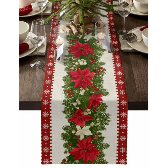 Christmas Poinsettia Cotton Linen Table Runner for Dining Kitchen, Red ...