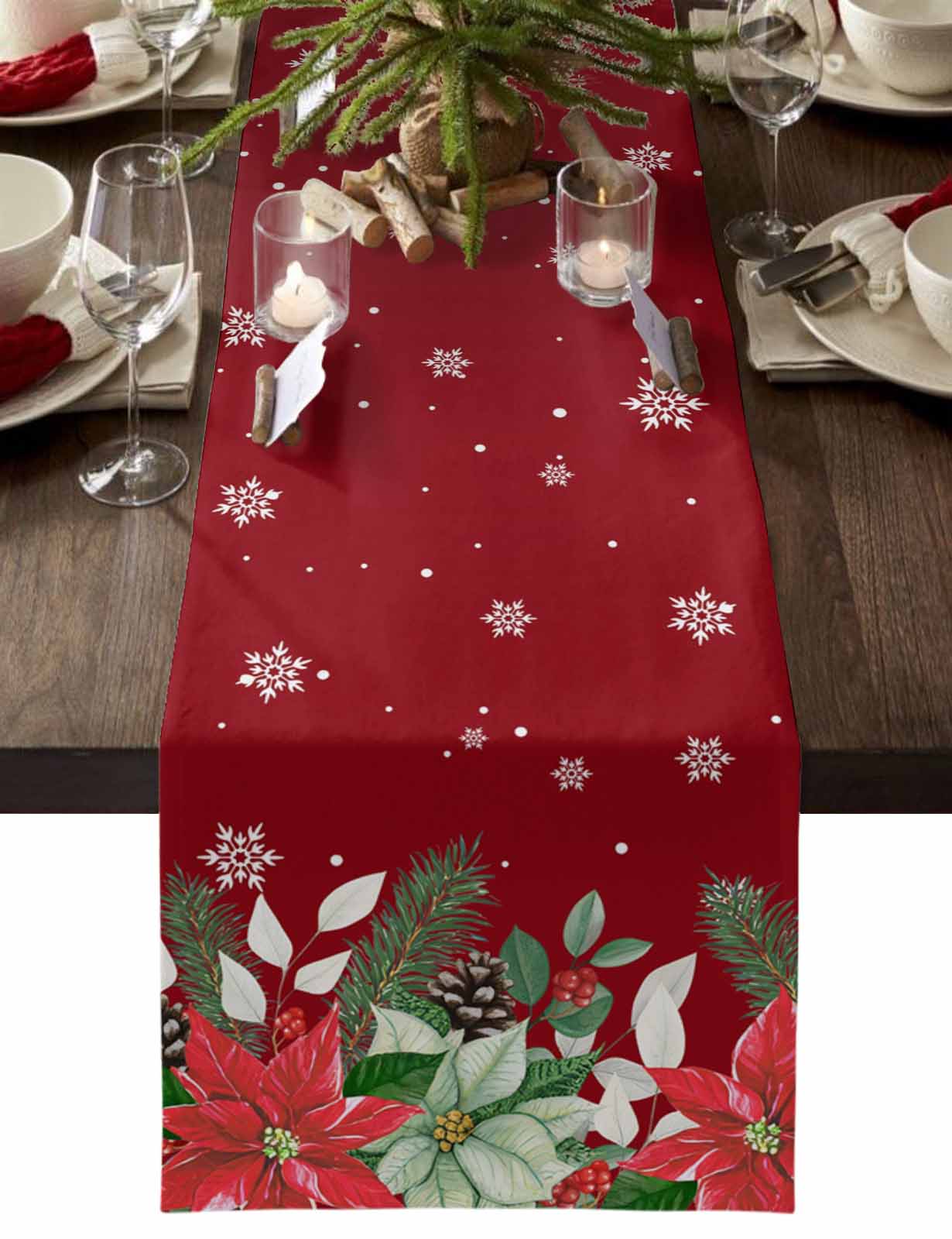 Christmas Poinsettia Cotton Linen Table Runner for Dining Kitchen, Xmas ...