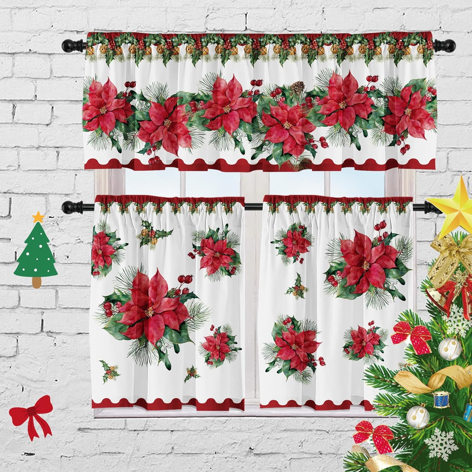 Christmas Poinsettia Curtain Valances Set, Red and Green Rod Pocket ...