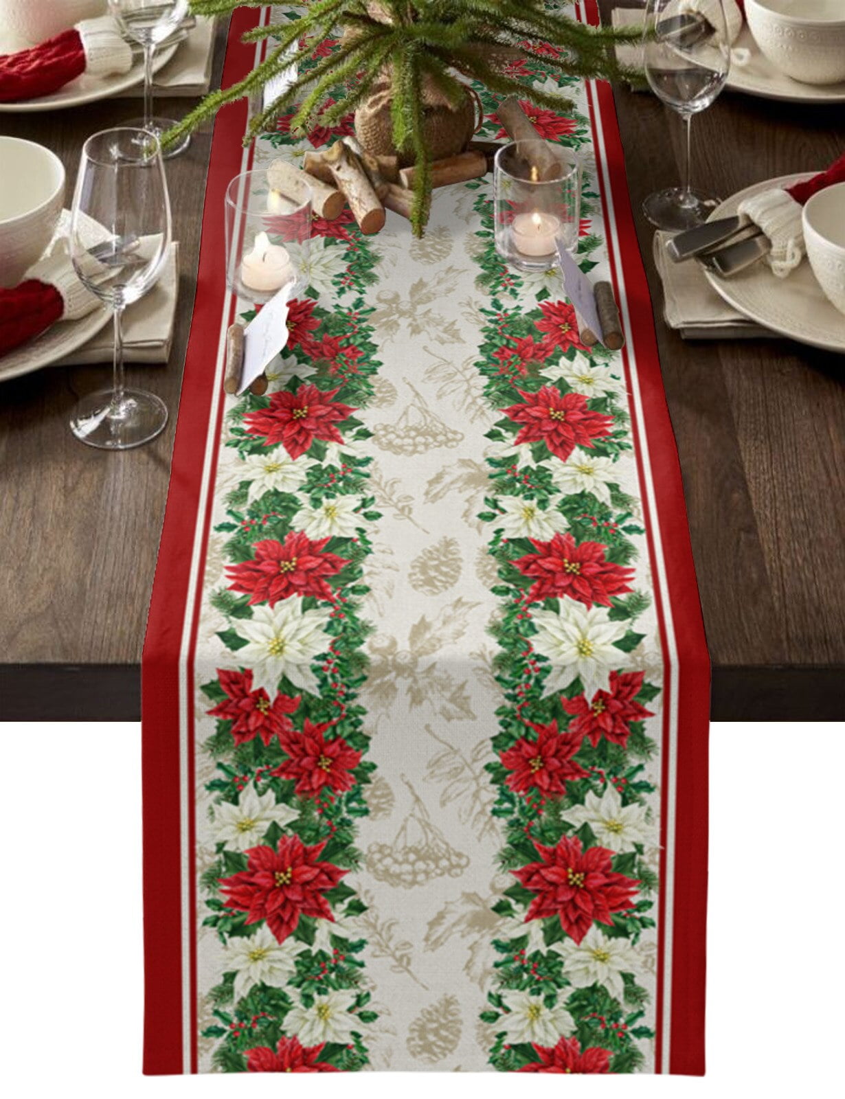 Christmas Poinsettia Fir Berries Party Festival Table Runner Kitchen ...