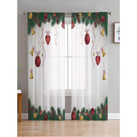 Christmas Poinsettia Fir Tree Chiffon Sheer Curtains For Living Room ...