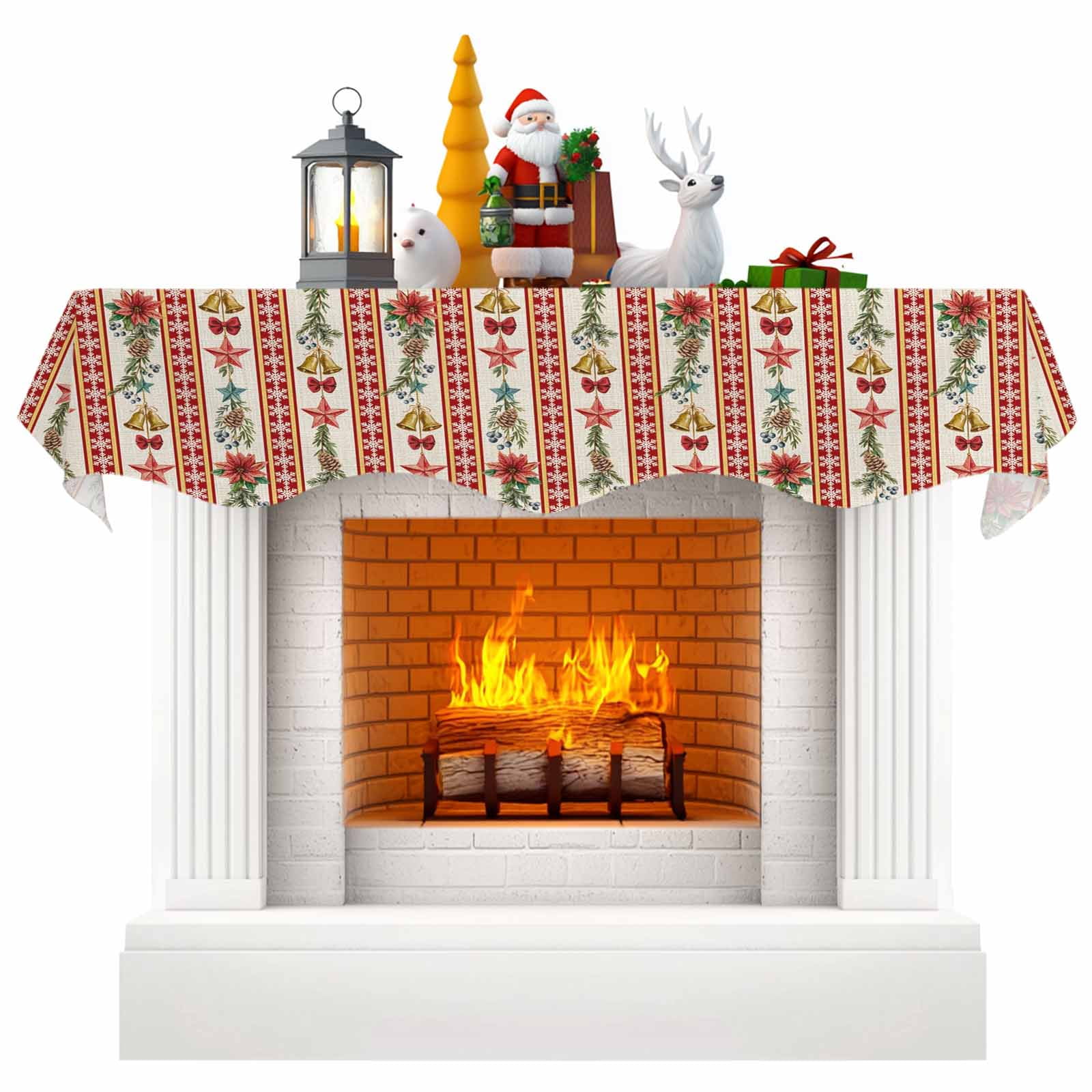 Christmas Poinsettia Fireplace Mantle Scarf, Xmas Pine Branch Snowflake ...