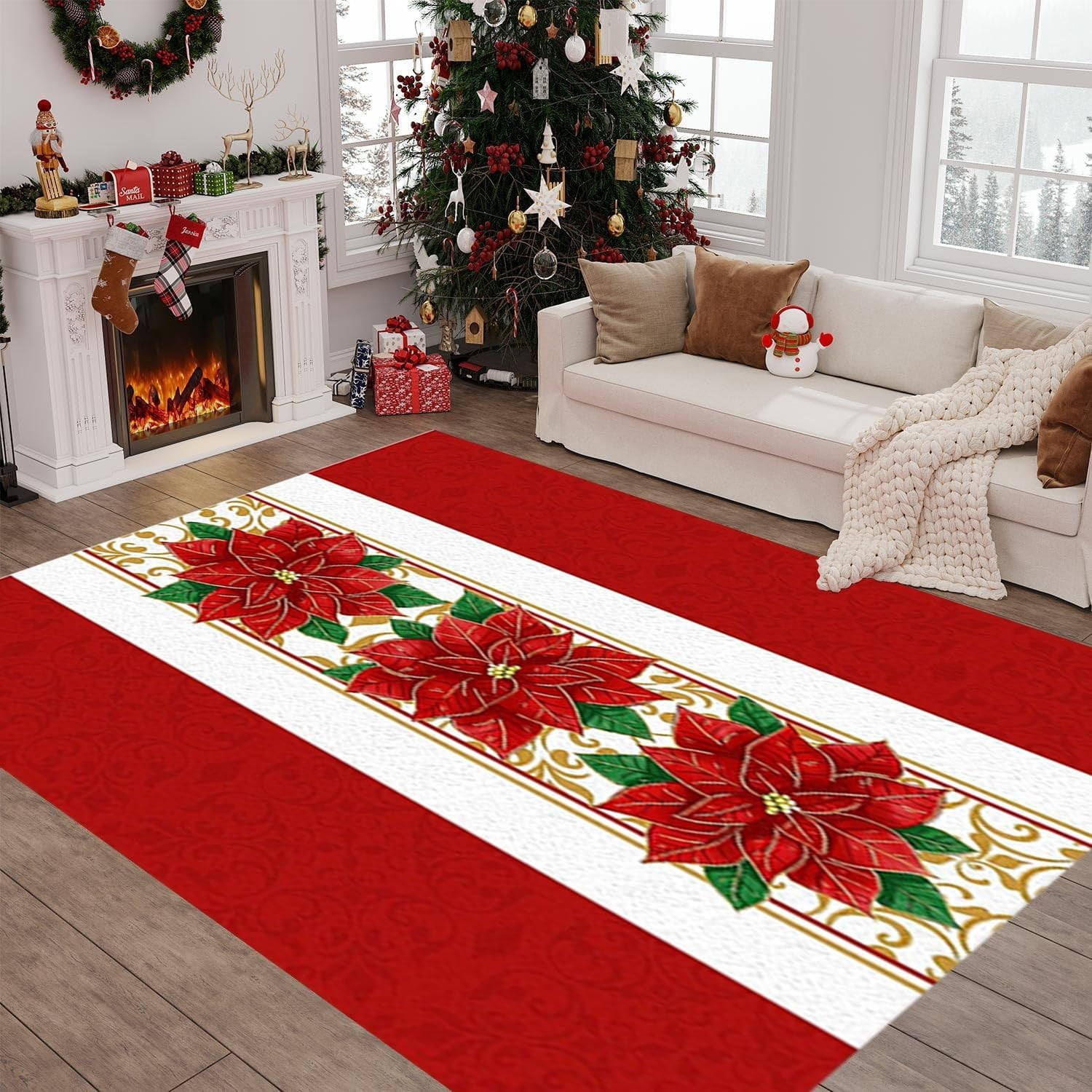 Christmas Poinsettia Flowers Area Rug, Red Poinsettia Gold Texture ...