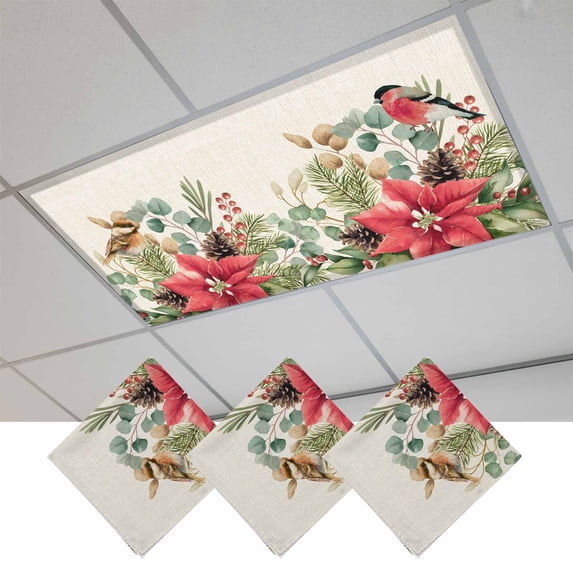 Christmas Poinsettia Fluorescent Light Covers, Xmas Birds Berries ...