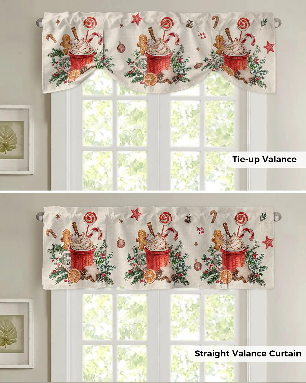 Christmas Poinsettia Gingerbread Man Window Curtain for Living Room ...