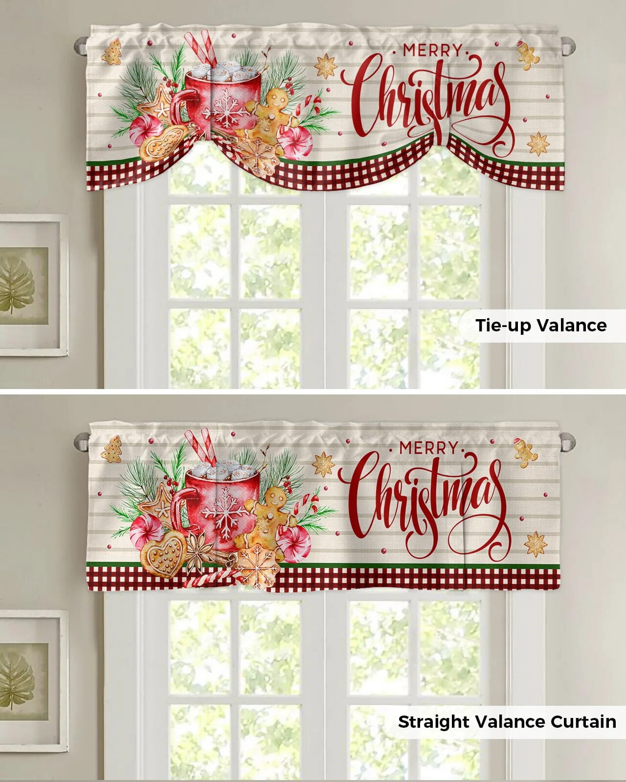 Christmas Poinsettia Gingerbread Man Window Curtain for Living Room ...