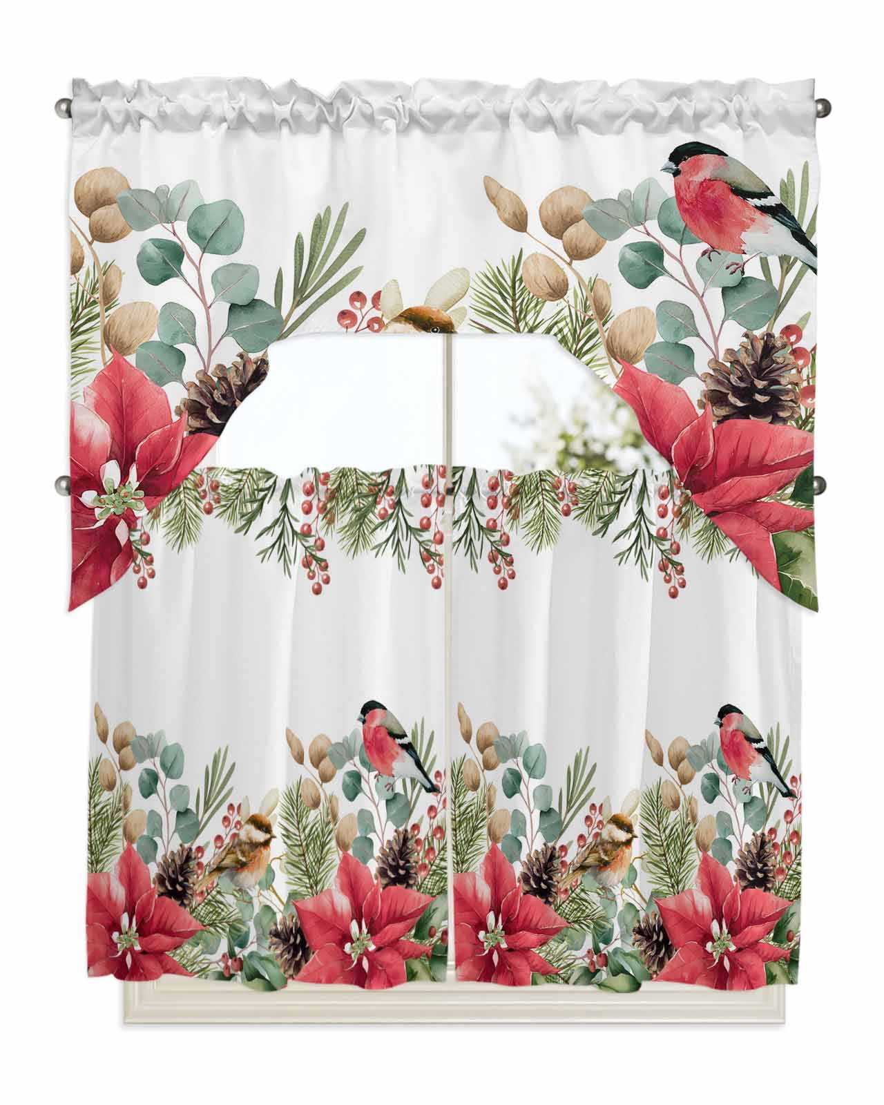 Christmas Poinsettia Kitchen Curtains Swag Valance and Tier Curtains ...