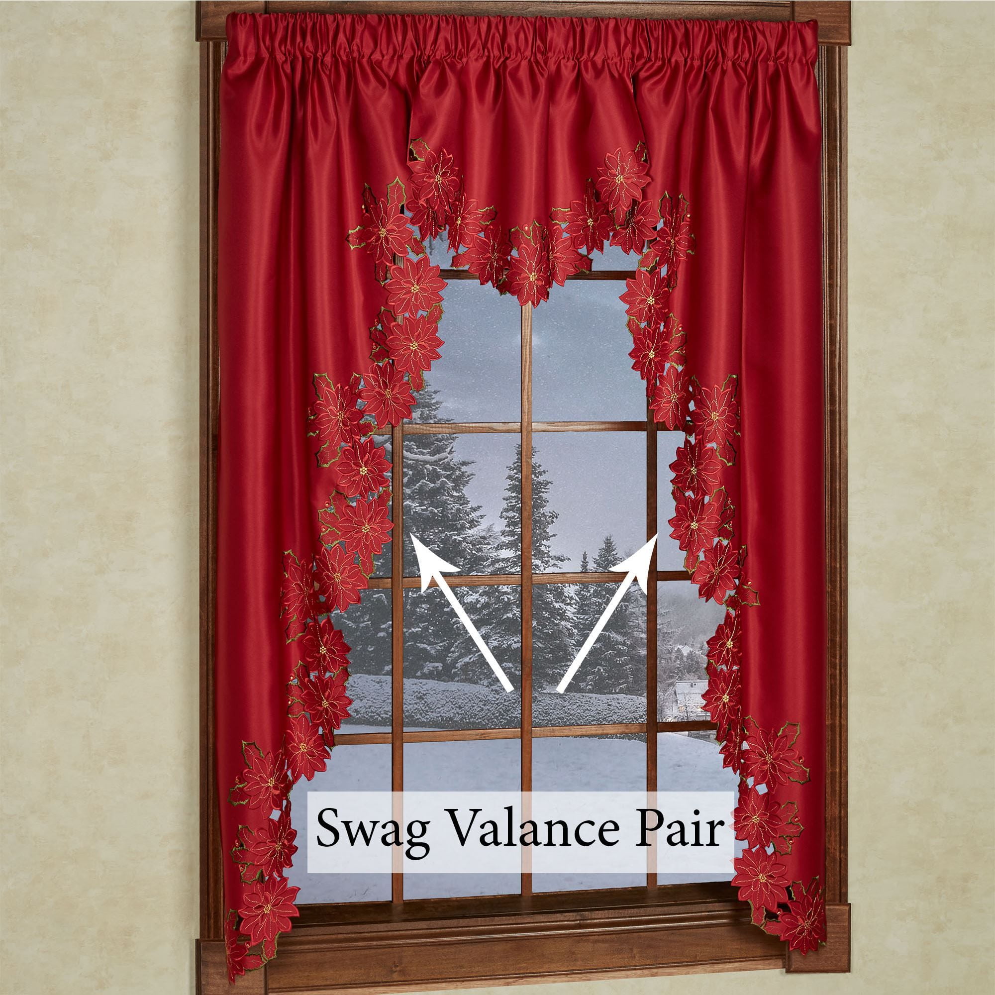 Christmas Poinsettia Long Swag Valance Pair - Red, Gold, Green - Fine ...