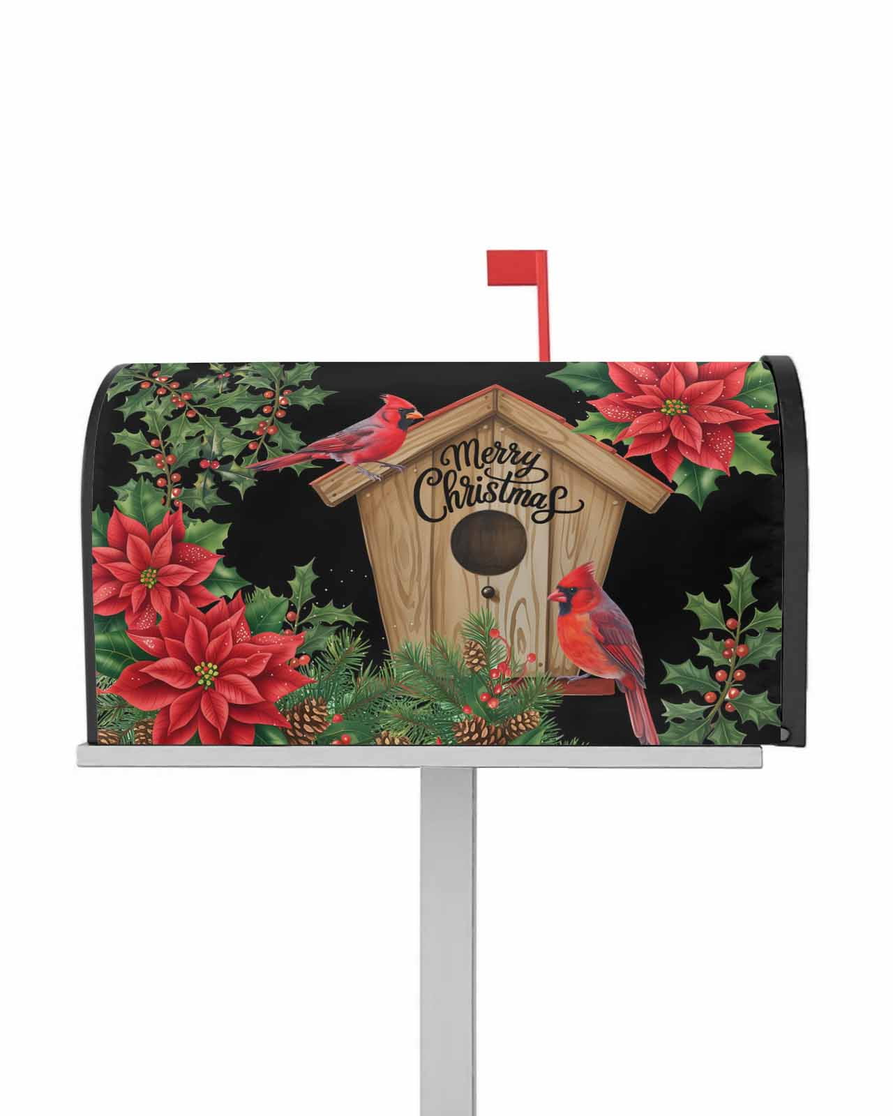 Christmas Poinsettia Mailbox Cover, Xmas Cardinal Bird Nest Holly ...