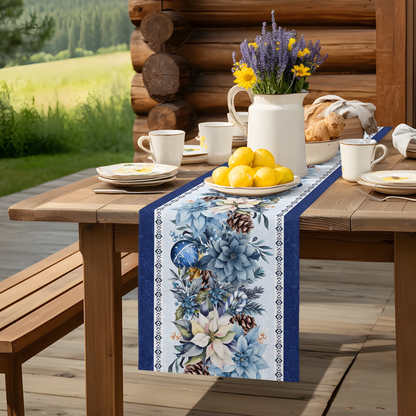 Christmas Poinsettia Pine Cone Table Runner 13x72in Non-Slip Cotton ...