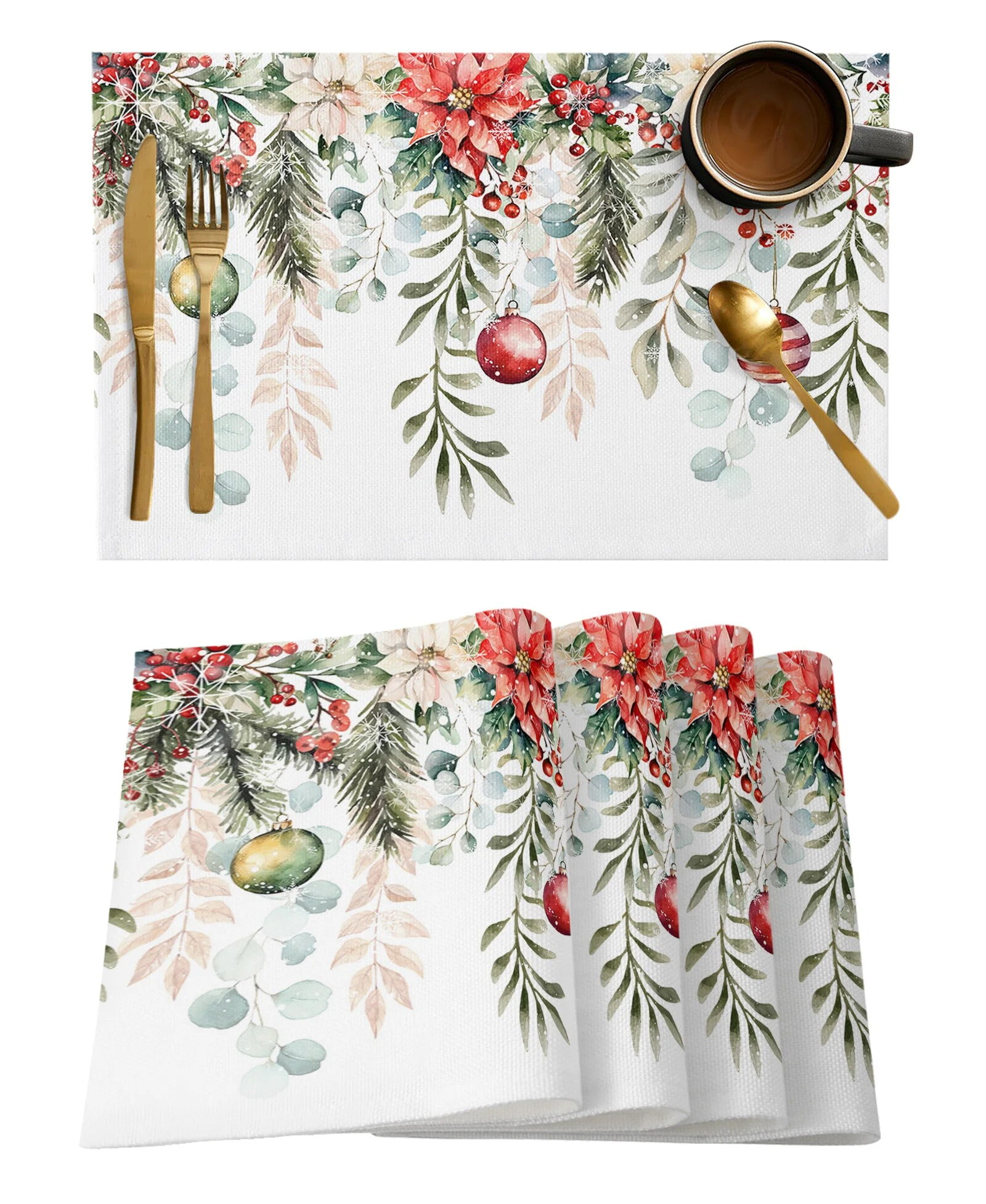 Christmas Poinsettia Pine Needles Table Mat Holiday Kitchen Dining ...