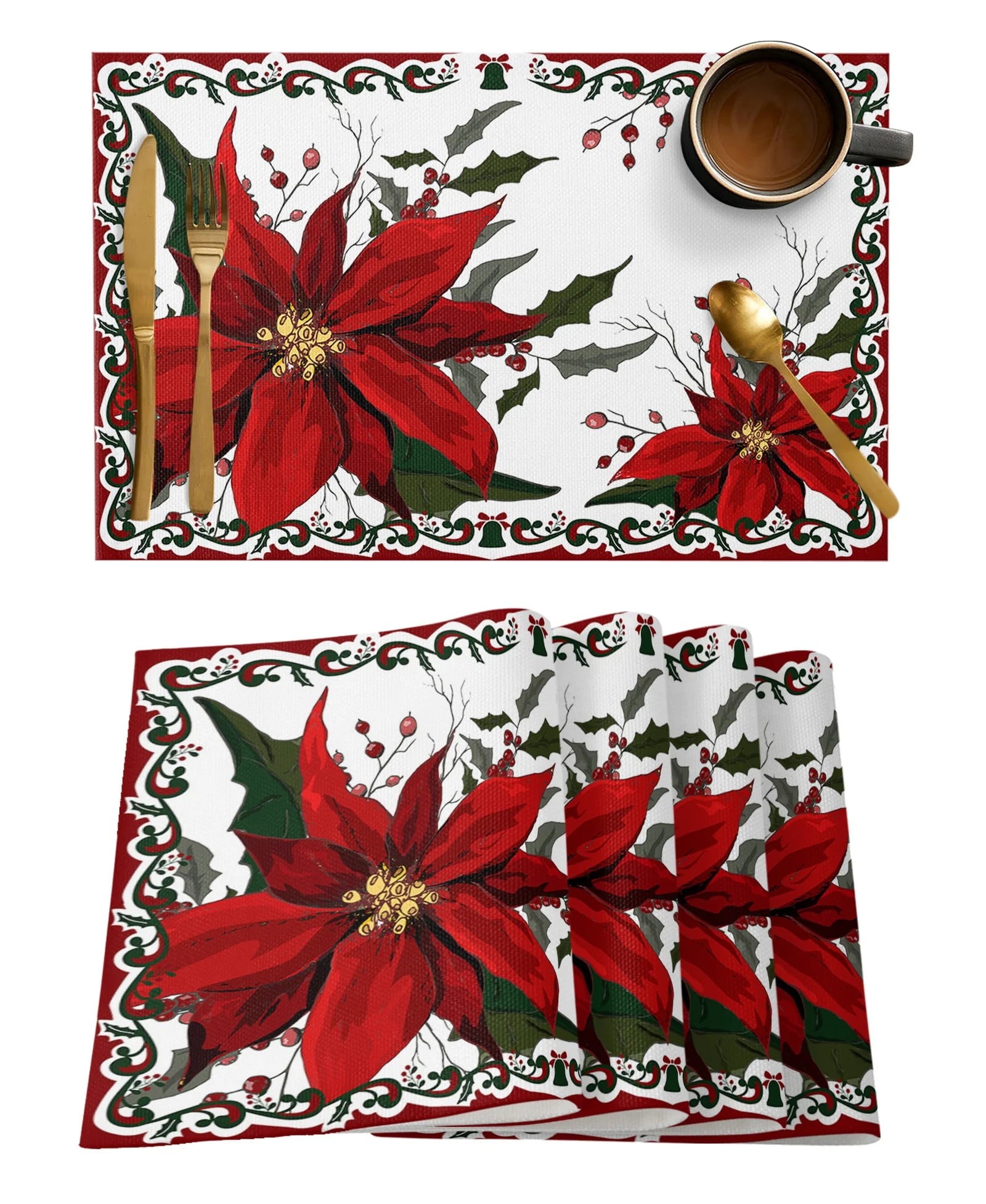 Christmas Poinsettia Pine Needles Table Mat Holiday Kitchen Dining ...