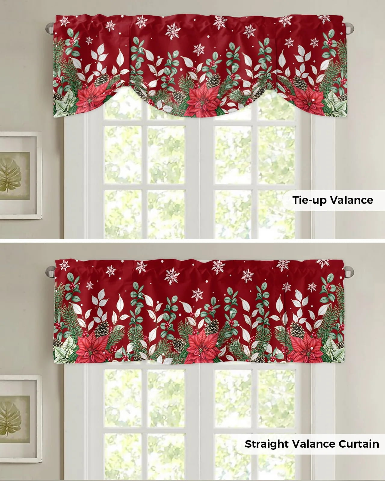 Christmas Poinsettia Pine Needles Window Curtain Living Room Kitchen ...